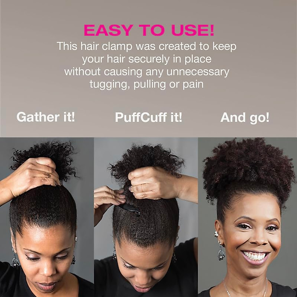 PuffCuff | Mini 2.5" Hair Clamps | For All Natural Thick, Curly, Kinky, Textured, Locs, or Braided Hair | Painless, Damage-Free Styling Tool | Black | 3 Pieces