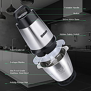 Electric Meat Grinder, Qinkada 500W Food Processor 3.5L Chopping Meat, 14Cup Large Stainless Steel Electric Food Chopper with 4 Sharp Blades 3 Rotating Speed Levels and Spatula