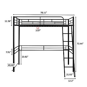 HomJoones Metal Loft Bed, Metal Twin Over Loft Bunk Bed with Safety Rail Side Ladders for Dormitory Bedroom Boys Girls Adults,No Box Spring Needed, Twin