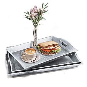 Set of 3 Large Serving Trays w/Handles Nesting Breakfast Serving Trays Afternoon Tea Tray Decorative Rectangular Display Tray Set Nested Food Tray Butler Serving Tray for Kitchen Party Dinner Snack