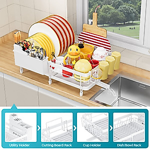 YKLSLH Expandable Dish Drying Rack Dish Racks for Kitchen Counter, Space Saving Dish Rack,Durable Kitchen Drying Rack with Drainboard, Glass Holder, Utensil Holder - White