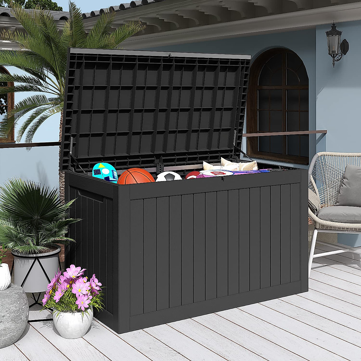 Flamaker 230 Gallon XXL Resin Deck Box Outdoor Waterproof Storage Box Loackable Bench for Patio Furniture Cushions, Toys and Garden Tools (Black)