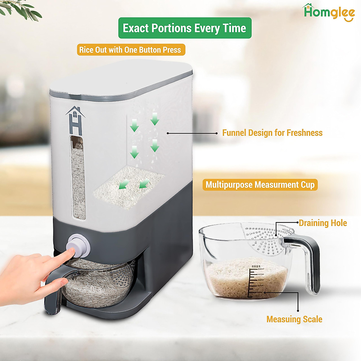 Homglee Rice Dispenser 25 Lbs – Moisture Proof Rice Container with Measuring Cup for Kitchen Pantry – Ideal Rice Storage Container with Lids & Built-in Box for Grains Cereals Soybean Corn – Grey