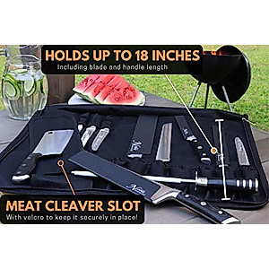 Chef’s Knife Roll Bag (14 slots) Holds 10 Knives PLUS Meat Cleaver, Utility Pocket, AND 4 Tasting Spoons! Our Durable Knife Carrier Includes Shoulder Strap and Name Card Holder. (Knives Not Included)