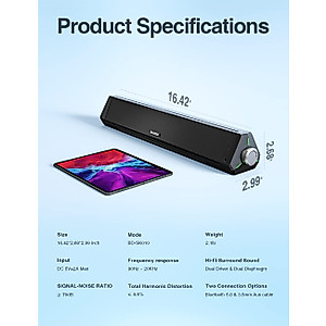 Computer Speakers, Bluetooth Soundbar, HiFi Stereo, 3.5mm Aux-in Connection, USB Powered Speakers for Desktop Monitor, PC, Laptop, Tablets