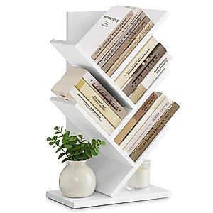 VASAGLE Tree Bookshelf, 5-Tier Bookcase, Small Bookshelf, Space-Saving Corner Shelf, Book Tree, Holds Books, CDs, Games, for Bedroom, Living Room, Home Office, Cloud White ULBC183T14