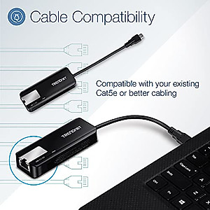 TRENDnet USB-C 3.1 to 5GBASE-T Ethernet Adapter, 2.5GBASE-T RJ-45, Integrated 12.6cm (4.9 in) USB Type C Cable, Compatible with Cat5e Or Better Cabling, Windows Compatible, Black, TUC-ET5G