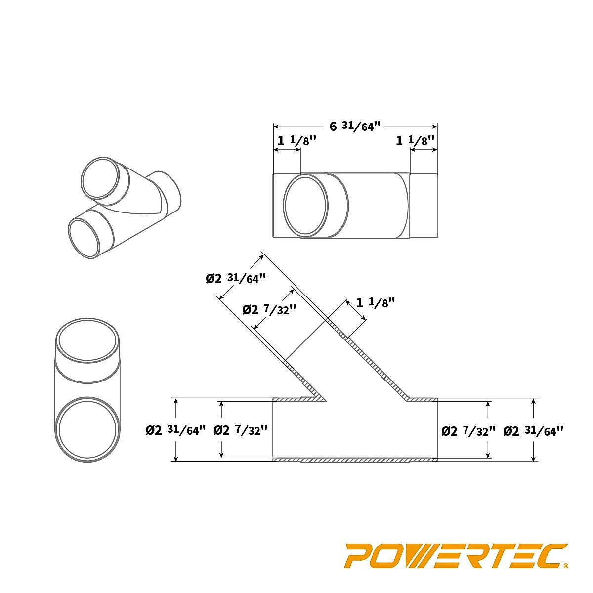 POWERTEC 70228 2-1/2 Inch Y-Fitting Dust Collection Hose Connector, Clear Color