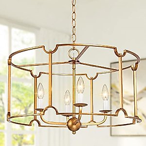 LALUZ Gold Chandelier, Modern Drum Chandelier, Dining Room Lighting Fixtures Hanging with Antique Gold Finish for Kitchen & Living Room, 22’’W x 15’’H