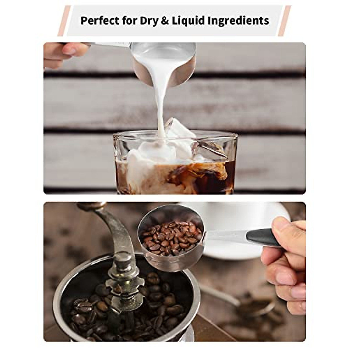 Joyhill Stainless Steel Measuring Cups and Spoons Set of 10 Piece, Nesting Metal Measuring Cups Set with Soft Touch Silicone Handles for Dry and Liquid Ingredients, Cooking & Baking (Black)