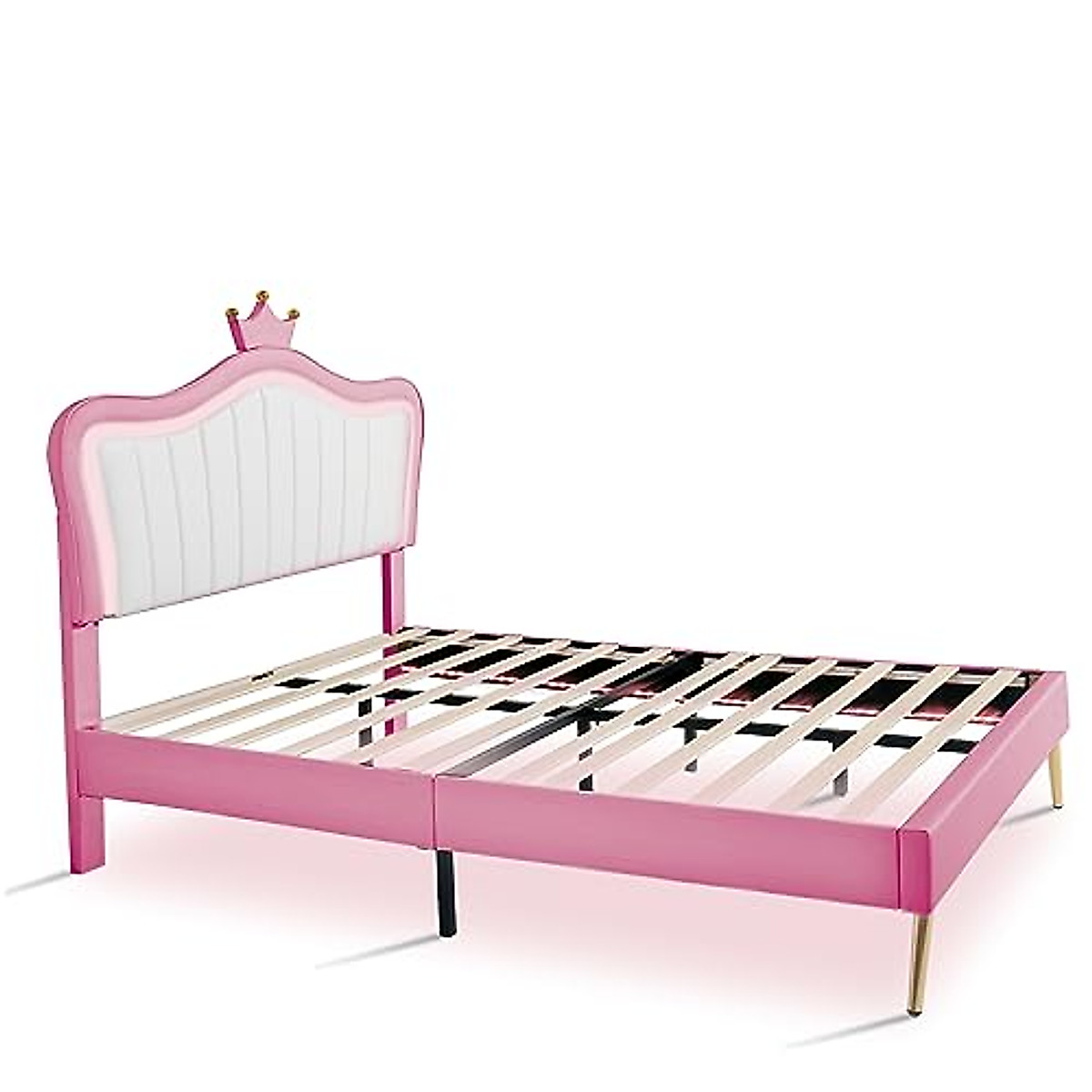 Upholstered Princess Bed Platform Bed, Full Size Fun Cute Bed Frame with Adjustable Crown Shaped Headboard and LED Lights, Kids Bedroom Furniture Princess Bed Upholstered Bed (White + Pink)