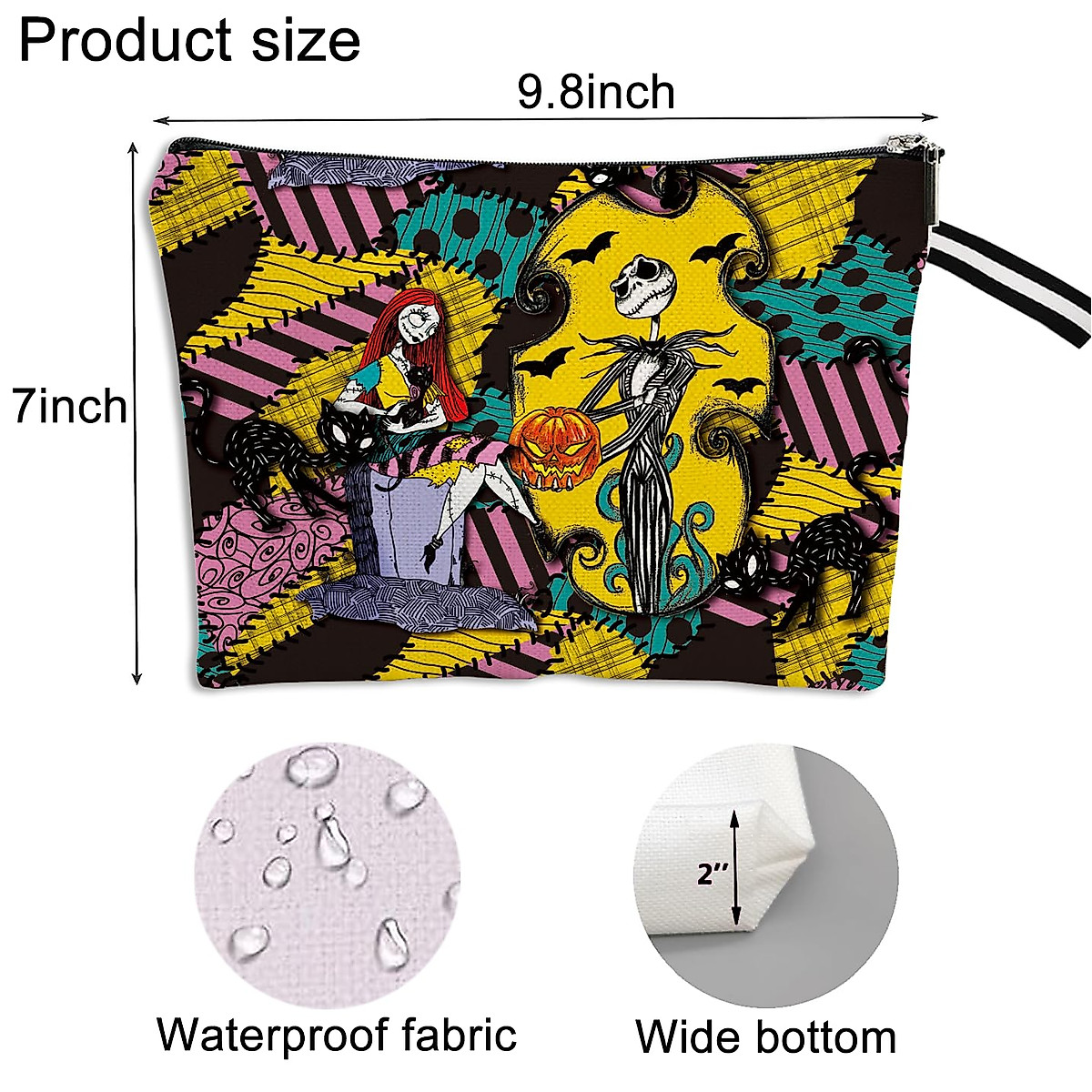 TTBDKKDM Nightmare Before Christmas Makeup Bag Halloween Theme Jack and Sally Cosmetic Bag for Women Portable Makeup Pouch Waterproof Travel Toiletry Storage Bag with Zipper