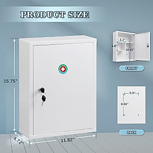 KYODOLED Wall Mount Medicine Cabinet, Large Capacity First Aid Wall Cabinet for Bathroom, Locking Medicine Cabinet with Key, Secure Steel Lock Box for Medication, White