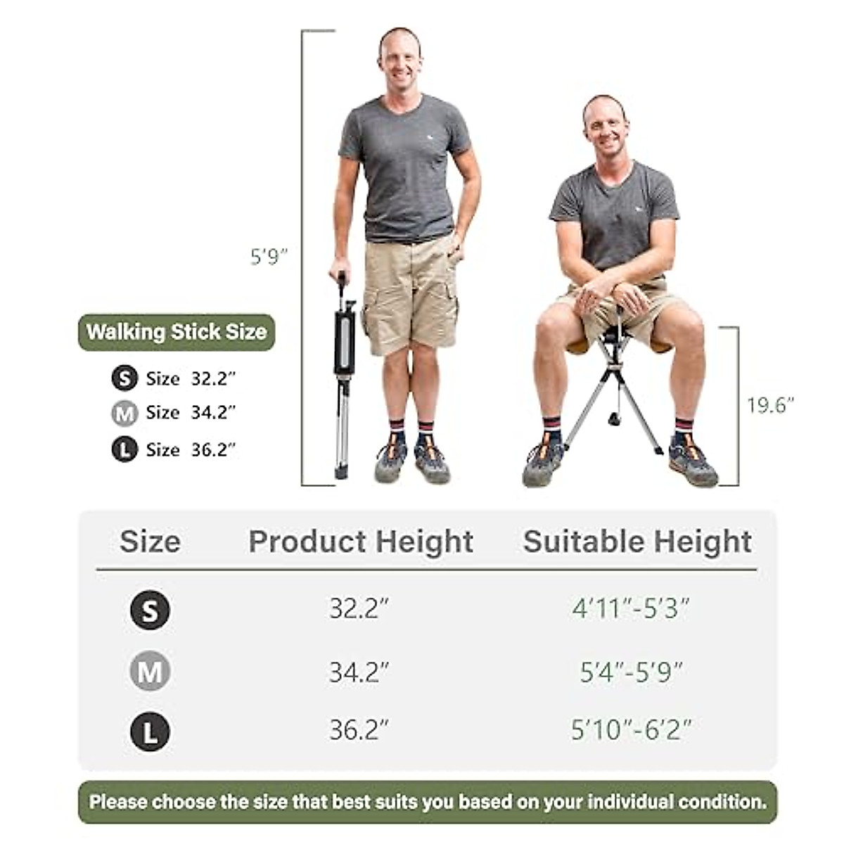 STEP2GOLD Ta-Da Chair Series 2- Portable Walking Stick, Cane with Seat, Foldable Chair, Hiking Stick, for Camping, Hiking, Lightweight Aluminum, Easy Carry, Anti-Slip (34.2"/Black)