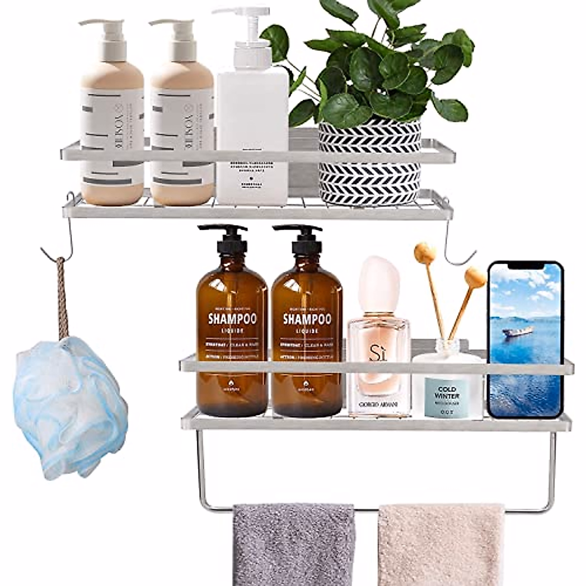 LKKL Shower Caddy Shelves - 5 in 1 Shower Shelf Bathroom Accessories - Bathroom Shelves Wall Mounted Shower Rack Organizer 2 Pack Basket Shelf, 2 Hooks, 1 Towel Holder(Brushed Nickel)