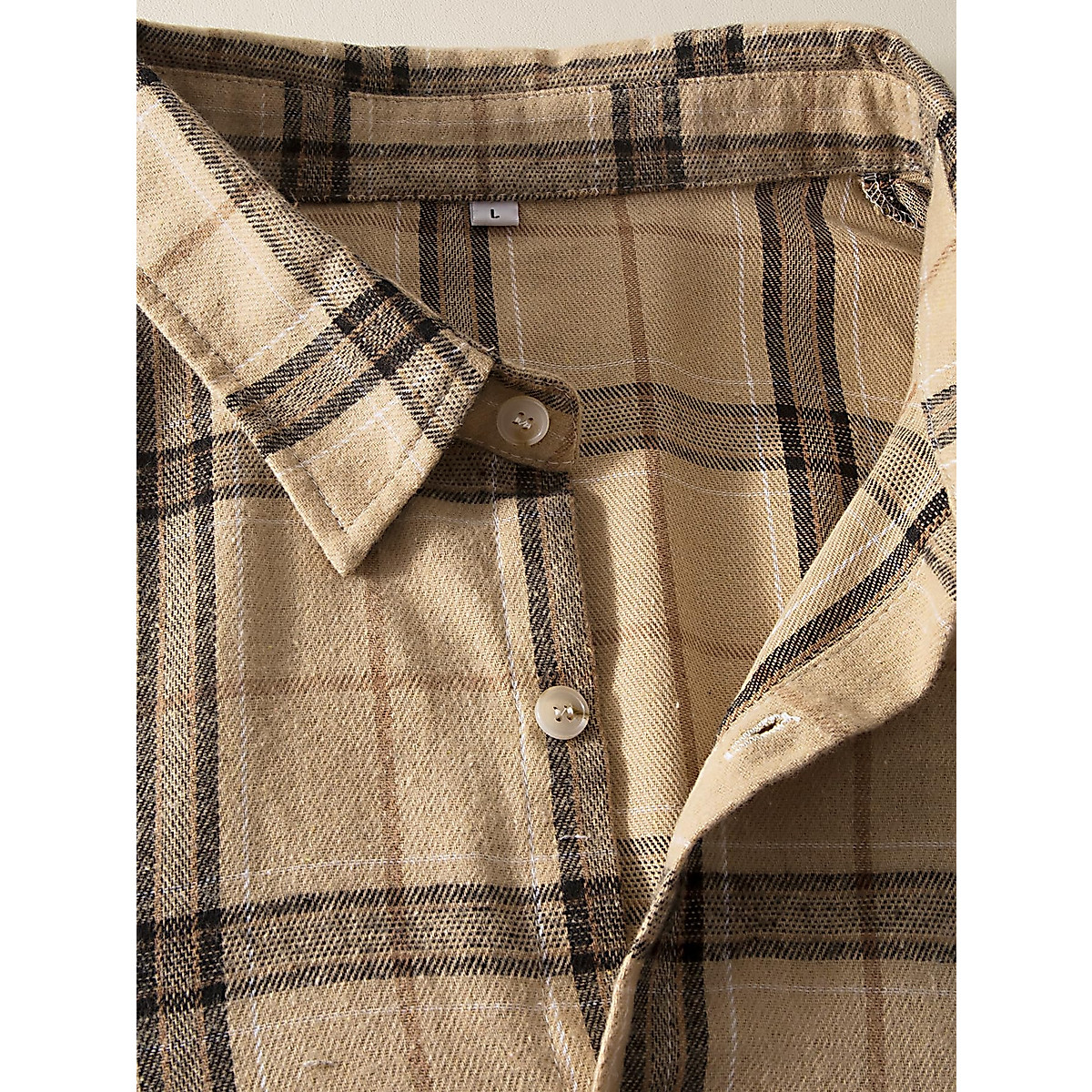 Floerns Men's Plaid Flannel Shirts Long Sleeve Regular Fit Button Down Causal Shirts Khaki L
