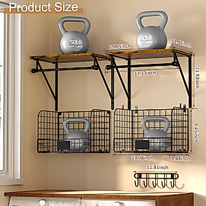 Laundry Room Shelves Wall Mounted with Wire Baskets, Over the Washer and Dryer Shelf with Clothes Drying Rack, Wire Shelves Baskets for Laundry Closet Organization and Storage, Wood+Metal, Black