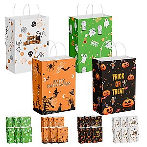 Hordely 24PCS Halloween Kraft Trick or Treating Bags with Handles, Paper Halloween Candy Gift Bags for Kids, Reusable Bulk Halloween Party Small Goody Bags, 5.90 x 3.15 x 8.27 In