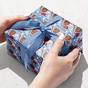 FIEHALA Flat Wrapping Paper Sheets - 12 Sheets with 4 Baseball Patterns - Pre cut & Folded Flat Design (20 inch × 27.5 inch per sheet)