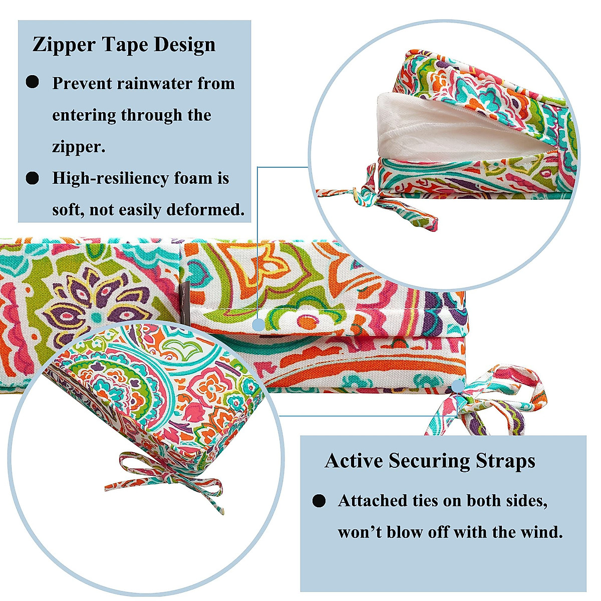 FUNHOME Outdoor Bench Cushion Water-Repellent, 48 x 18 Inch Bench Cushions for Outdoor Furniture, Settee Cushions with Handle and Straps, Patio Couch Cushion 1 Pack, Melora Paisley