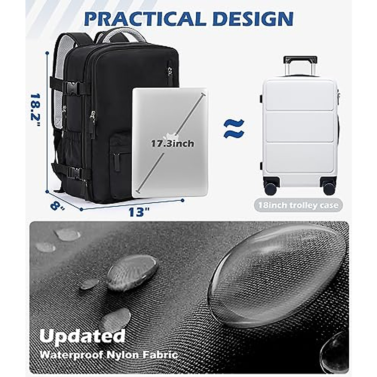 Lekakii Travel Laptop Backpacks for Women Carry On, 40L Nylon Waterproof Backpack for Traveling On Airplane, Gym Backpack Personal Item Essentials, Black