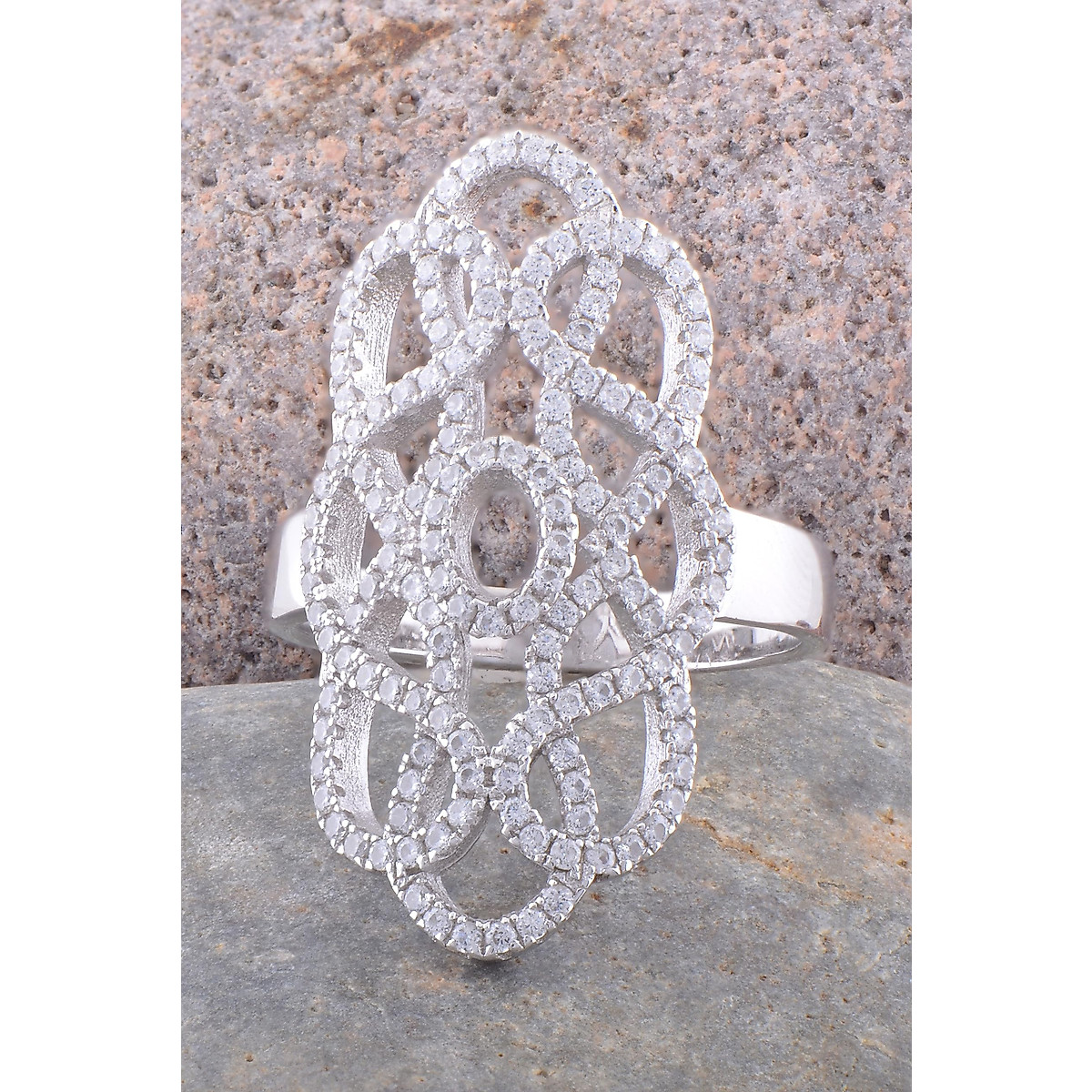 SILVERCLOSEOUT Rhodium Plated Sterling Silver Womens Cz Cubic Zirconia Filigree Armour Statement Ring - Size 7