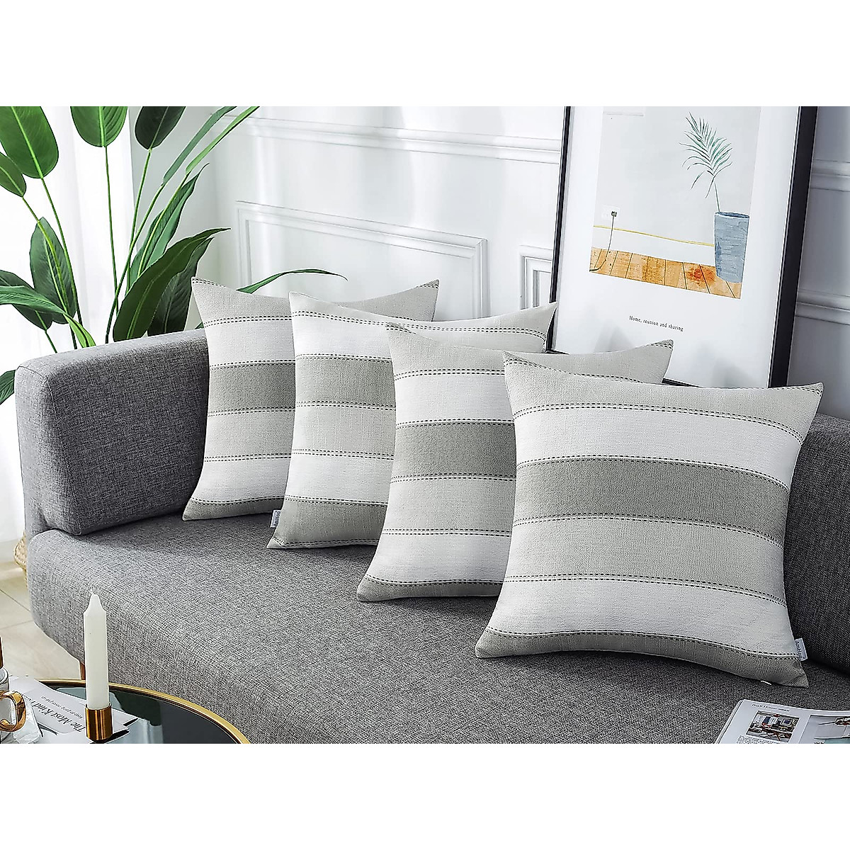 AmHoo Pack of 2 Farmhouse Stripe Check Throw Pillow Covers Set Case Cotton Linen Decorative Pillowcases Cushion Cover for Couch Bench Sofa 20x20Inch Light Grey Beige