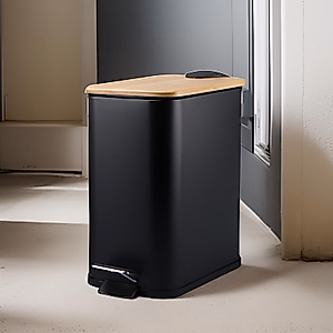 Step Trash Can with Bamboo Lid Kitchen Wastebasket Rubbish Container Modern Foot Pedal Garbage Bin for Sunroom Entryway Home, Black