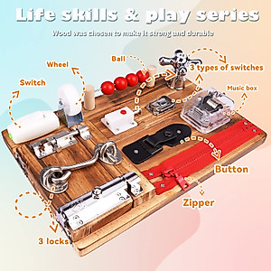 Busy Board for Toddlers Wooden Montessori Toys,Travel Toy Sensory Fidget Board Activity Board for 3 Year Old Boys & Girls, Educational Learning Toy with Locks,Latches,Keys