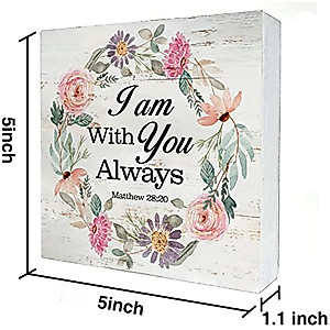 Bible Verse I am with You Always Wood Box Sign Inspirational Rustic Scripture Wooden Box Sign Christian Home Office Desk Shelf Decor (5 X 5 Inch)