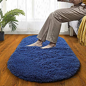 YOH Fluffy Shag Fur Area Rugs for Bedroom Girls Rooms Kids Rooms Nursery Decor Mats Non-Slip Plush Furry Fur Rugs Indoor Home Accent Floor Carpet, Oval 2.6'x5.3', Indigo