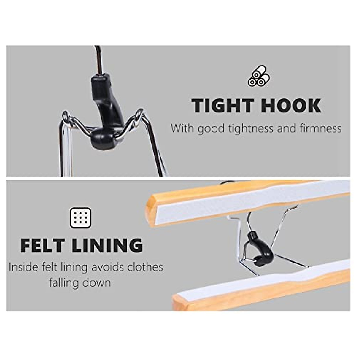 Amber Home Natural Wooden Pants Hangers 24 Pack, Wood Clamp Hangers with Non Slip Padded Velvet, Jeans/Slacks Hangers Hair Extension Hangers for Skirts, Trousers, Wigs (Natural, 24)