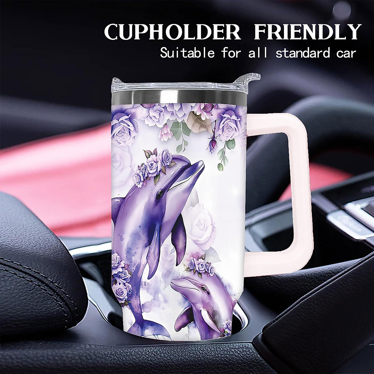 FOCIUZTA 40oz Tumbler with Lid, Insulated Cup, Travel Coffee Mug, Perfect Gift for Easter, Father’s Day, Mother’s Day, Birthdays, Elegant Purple Dolphin and Rose Design