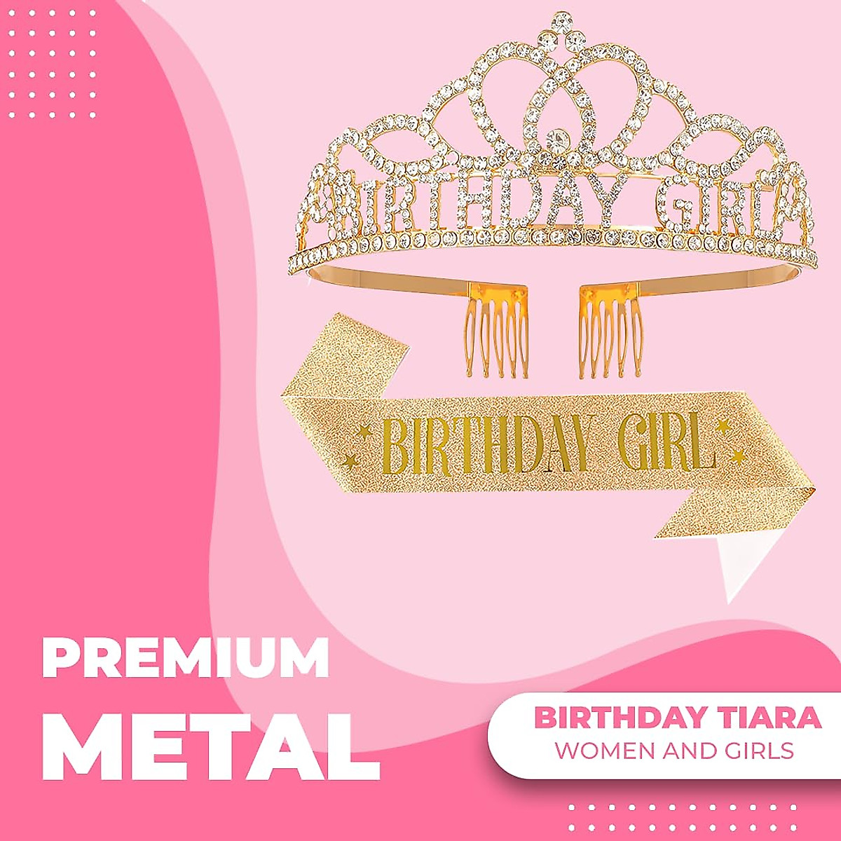 Papoopy Birthday Tiara and Crown with Sash for Women, Hair Accessories for Wedding Party Costume (A1 - Gold)