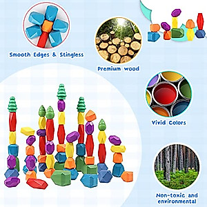 44PCS Sensory Toddler Wooden Stacking Rocks Toys for Boys & Girls Ages 3+ Year Old Building Blocks Montessori Preschool Educational STEM Toys for Kids Birthday Gifts Safe Creativity Rainbow Stones