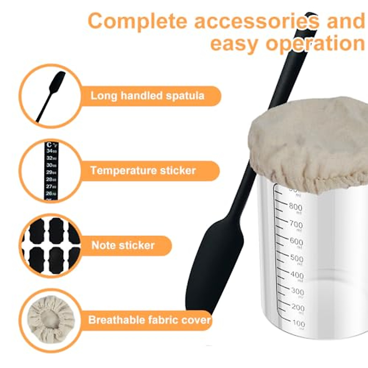 esidianzi 7Pcs Sourdough Starter Jar Kit with Scale 900ml Reusable Sourdough Starter Container with Bamboo Lid Multipurpose Wide Mouth Glass Sourdough Fermentation Jar for Sourdough Baking(as Shown)