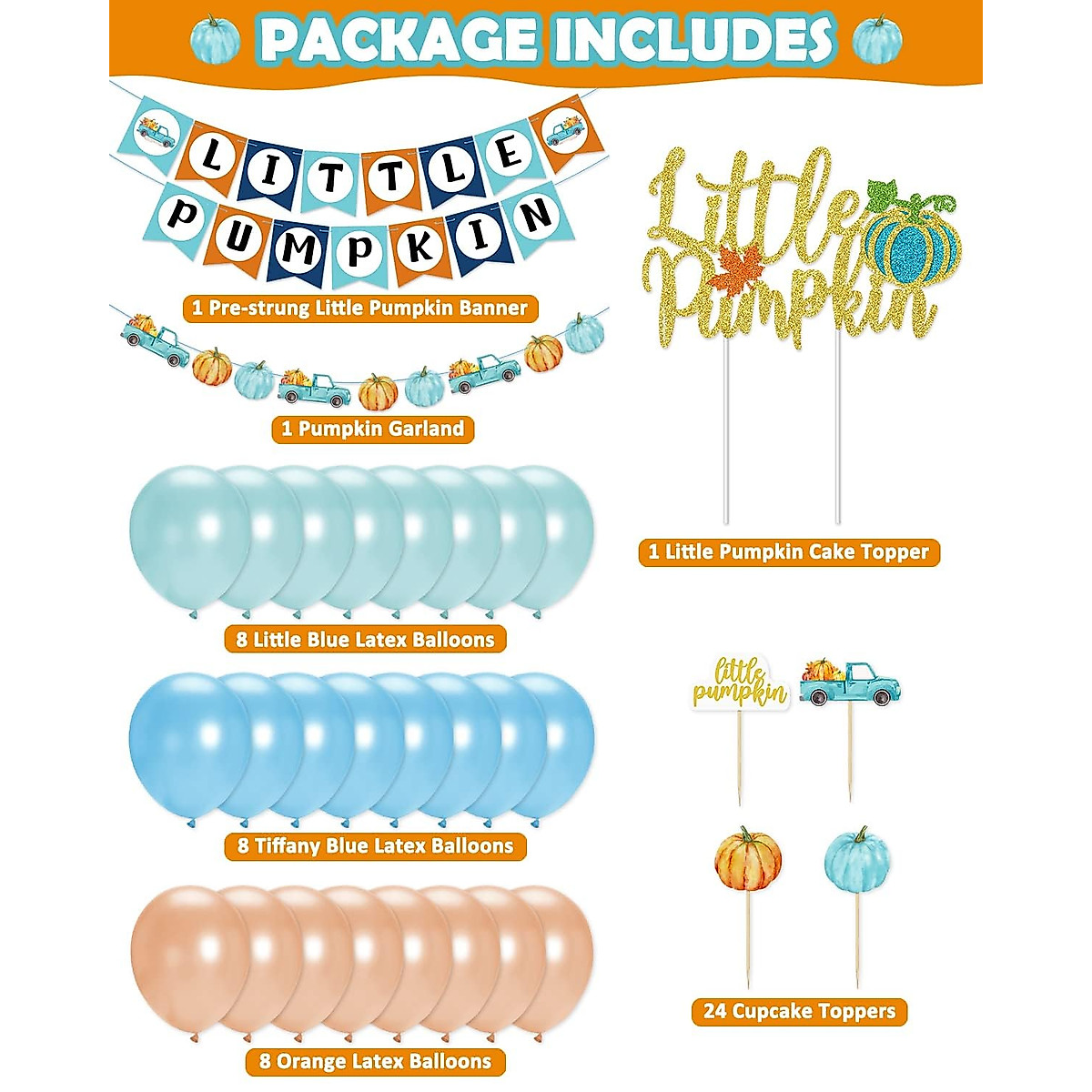 Mosailles Little Pumpkin Decorations Baby Shower Blue Pumpkin Banner Garland Gold Glittery Pumpkin Cake Toppers Latex Balloons for Fall Birthday Thanksgiving Party Decorations Supplies