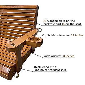 Wooden Porch Swing 2-Seater, Bench Swing with Cupholders, Hanging Chains and 7mm Springs, Heavy Duty 800 LBS, for Outdoor Patio Garden (Brown, 4 FT Extra Large)