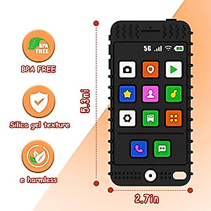 FFTROC Silicone Baby Teething Toys, Teether for Babies 6-12 Months, Smart Phone Shape Teether, Sensory Chew Toys for Boys & Girls - Black