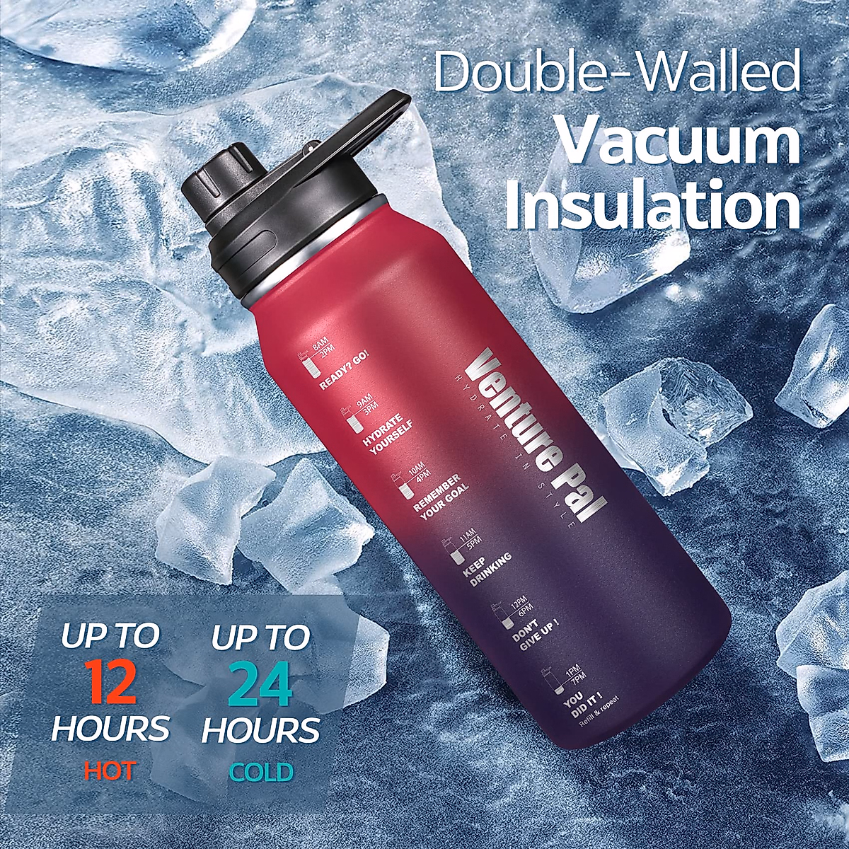 Venture Pal Insulated Water Bottle, 32oz Leak-Proof Vacuum Thermos with Strainer, Straw & Spout Lid for Sports