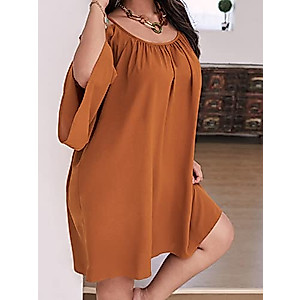 SOLY HUX Women Plus Size Summer Dress Cold Shoulder Short Sleeve Casual Loose Short Dresses Brown 1XL