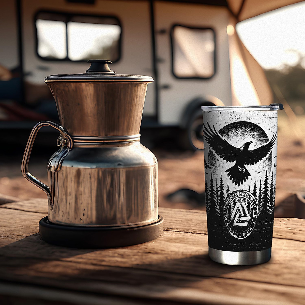 20oz Viking Raven Tumbler, Norse Mythology, Viking Gifts for Men, Vikings Celtic Coffee Thermos, Stainless Steel Double Wall Vacuum Insulated Coffee Mug, Travel Cup with Lid