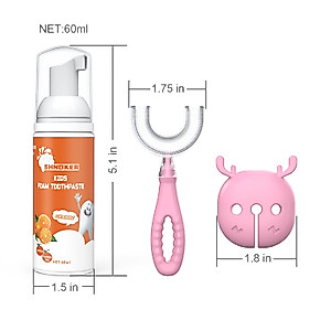 Toddler U-shaped toothbrush foam toothpaste set，Kids Silicone Toothbrush 360°Oral Teeth Cleaning for Toddlers Manual Training ToothBrush 2-5 Years,Kids Foam Toothpaste with Orange Flavor(Pink)