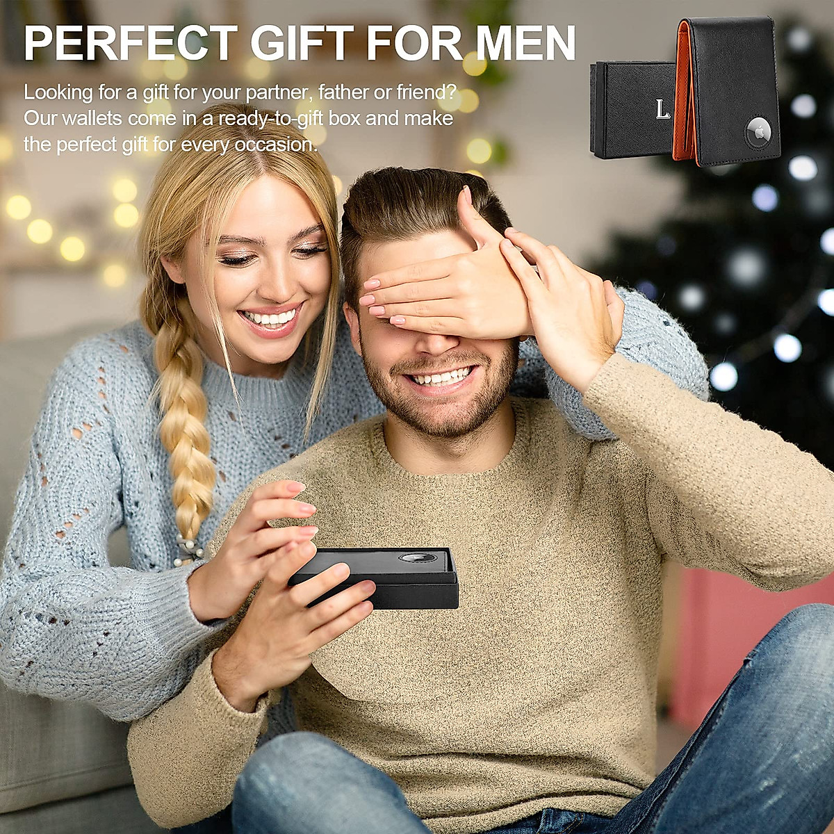 LAKIPETN Mens Slim Leather Bifold AirTag Wallet with Money Pocket RFID Blocking 8 Credit Card Slots | Bill Divider | ID Window | Wallets Holder Compatible with Apple Air Tag, with Gift Box