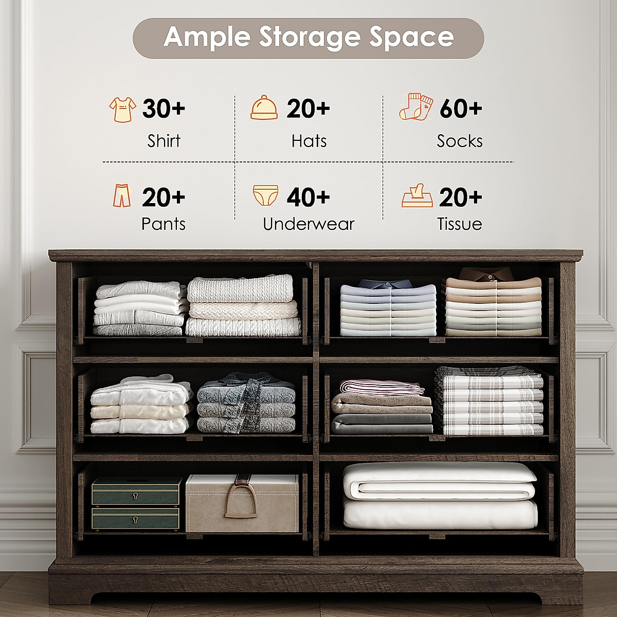 HOSTACK 6 Drawer Double Dresser, Modern Farmhouse Chest of Drawers, Wide Dressers Organizer, Accent Wood Storage Cabinet for Living Room, Hallway, Dark Brown