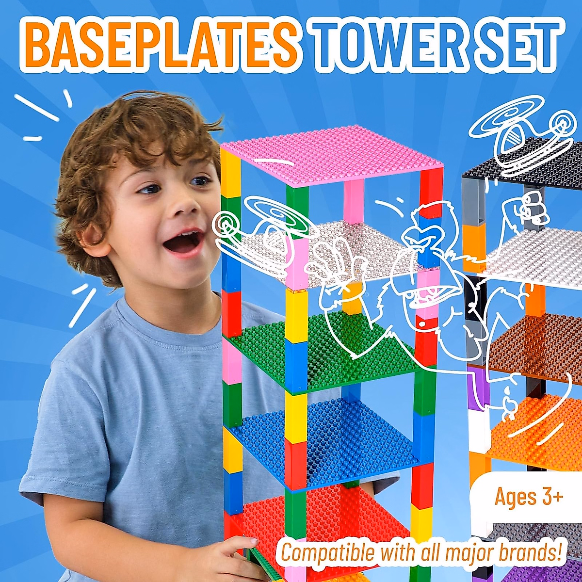 Strictly Briks Stackable Base Plates Lego Compatible - Stackable Rainbow Building Bricks for Towers, Shelves & More - 12 Base Plates & 80 Stackers - 6x6 Inches