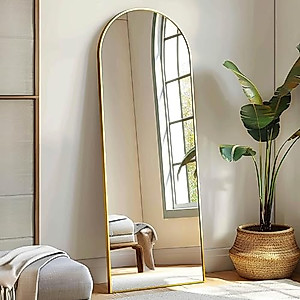 JAWGLOW Arched Full Length Mirror, 64" x 21" Free Standing Floor Mirror, Modern Full Body Mirror with Stand, Wall Mirror with Aluminum Alloy Frame for Bedroom,Living Room, Gold