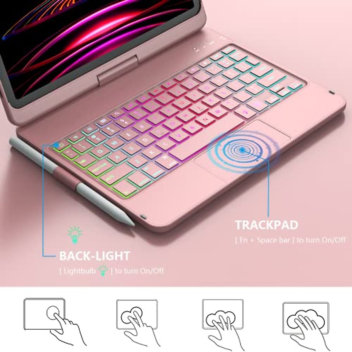 iPad Pro 11 inch Case with Keyboard, iPad Air 5/Air 4 10.9 inch Keyboard Case with Trackpad, Keyboard Case for iPad Air 5/Air 4 and iPad Pro 1-4 Gen, Backlit 10 Color & 360 Screen Rotation - Rose Gold