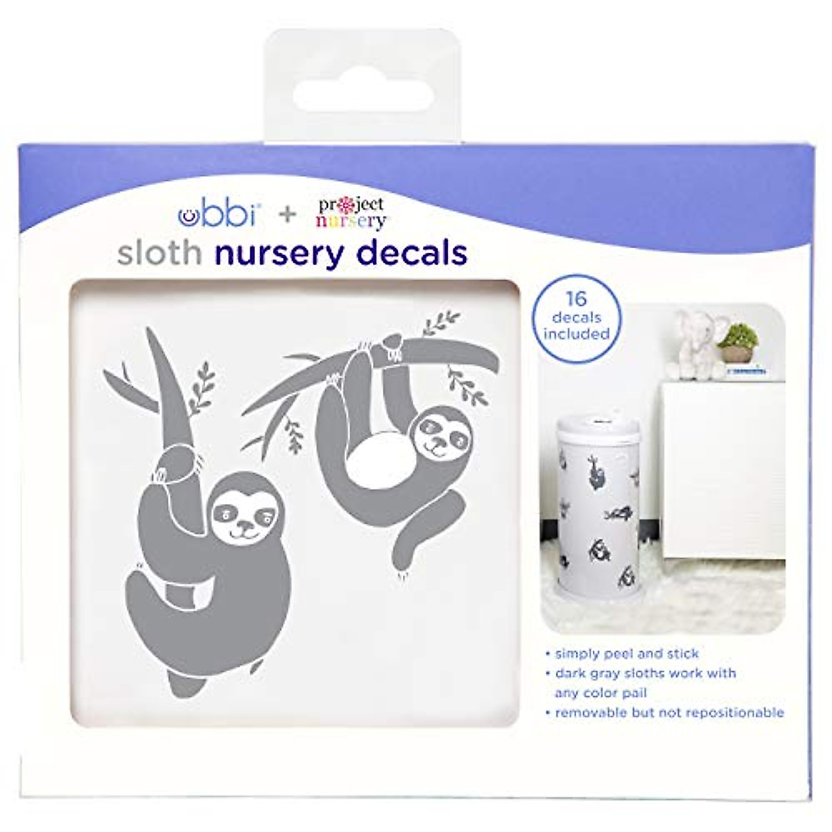 Ubbi Sloth Peel and Stick Decal Stickers, Decorative Sticker for Diaper Pail or Baby Nursery