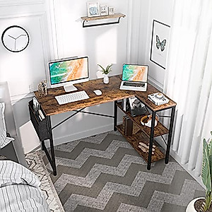 Homieasy Small L Shaped Computer Desk, 47 Inch L-Shaped Corner Desk with Reversible Storage Shelves for Home Office Workstation, Modern Simple Style Writing Desk Table with Storage Bag(Rustic Brown)